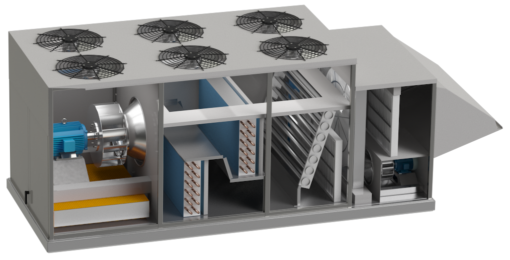 rtu animation includes blower fan condensing fans heating cooling coils ...